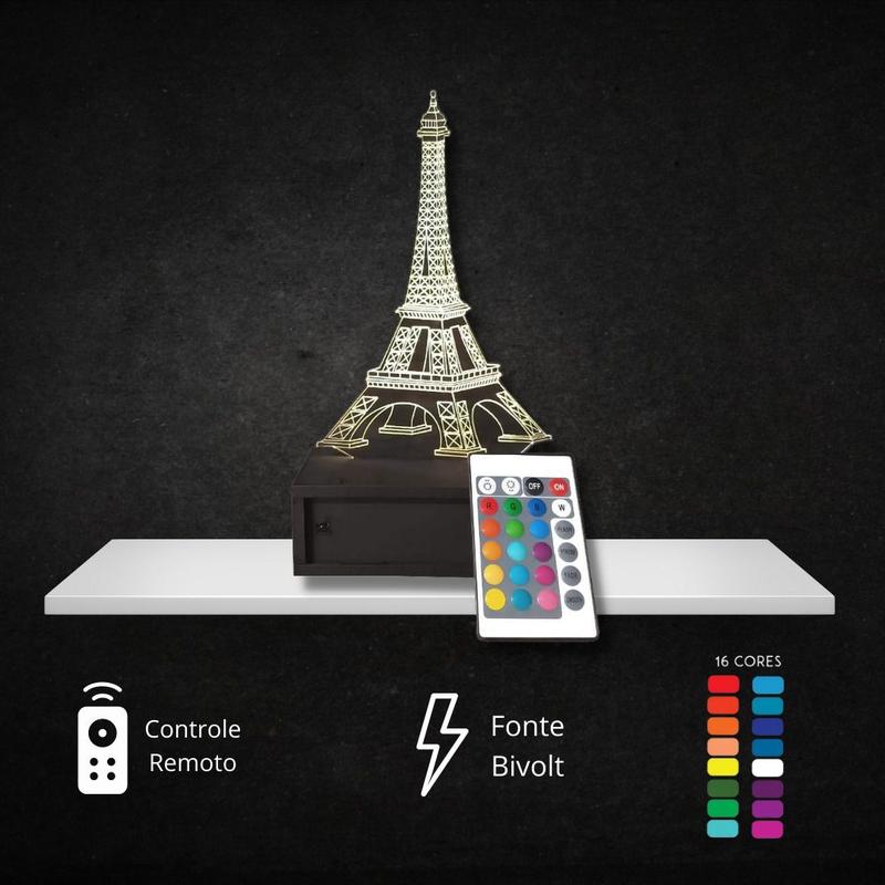 ABAJUR DE LED 3D Personalizado Torre Eiffel 16 Cores + Controle Remoto ...
