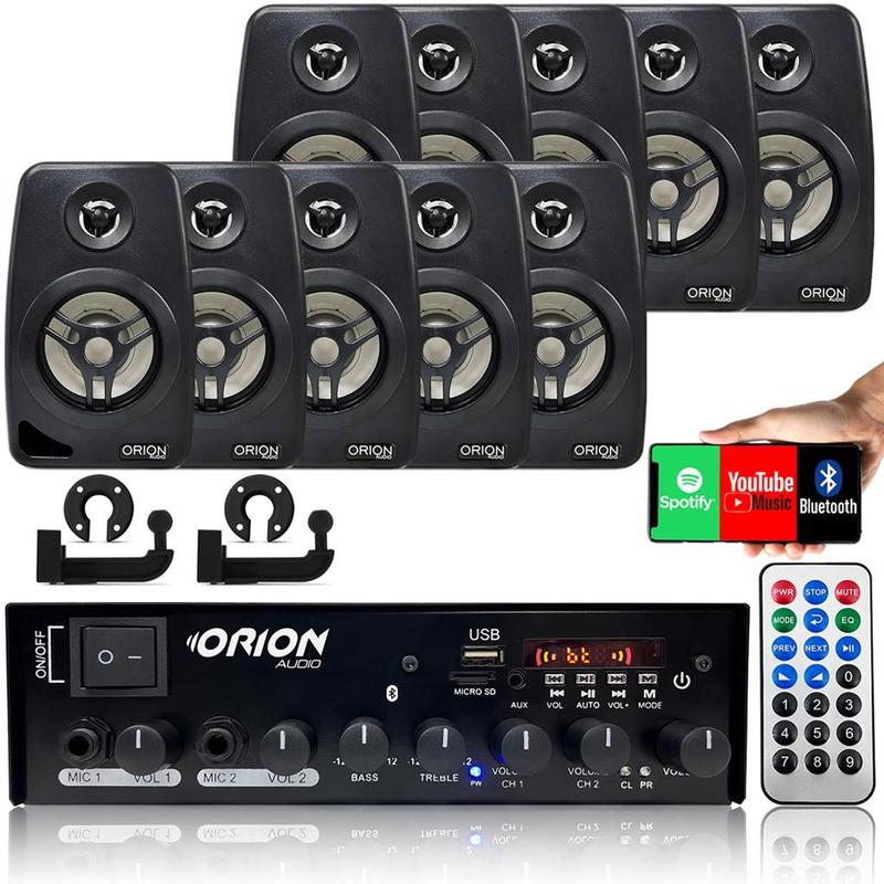 Amplificador Bluetooth Som Ambiente Aux Sd USB 2 Mic Controle de Grave Orion + 10 Caixas De Som ...