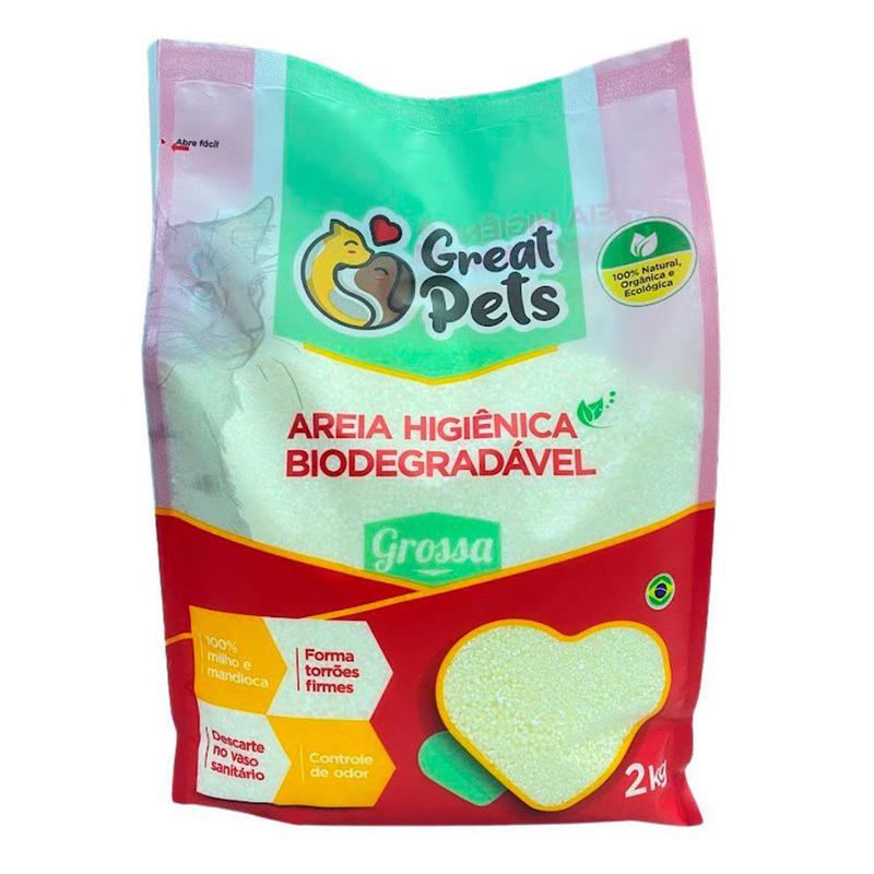 Areia Higiênica para Gatos Biodegradável 100% Milho e Mandioca Grãos Grossos 2kg - Great Pets ...