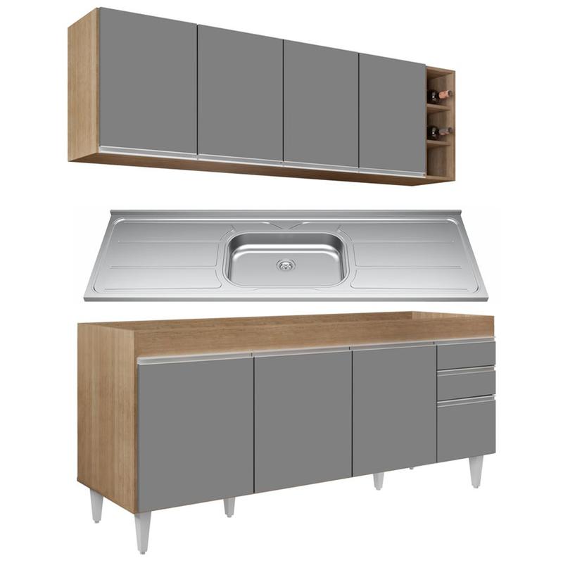 Armário Aéreo Nevada e Balcão Gabinete 180cm Com Pia Dallas Castanho ...