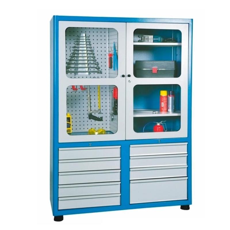 Armário para ferramentas com 3 prateleiras 9 gavetas e portas de vidro ...