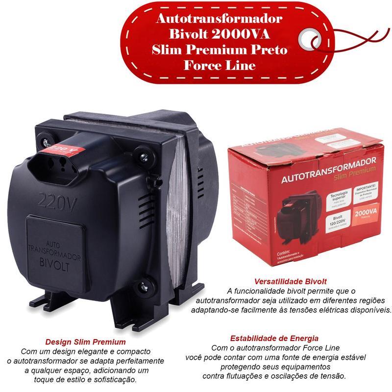 Autotransformador Bivolt 2000VA Slim Premium Preto Force Line - Autotransformador de Energia ...