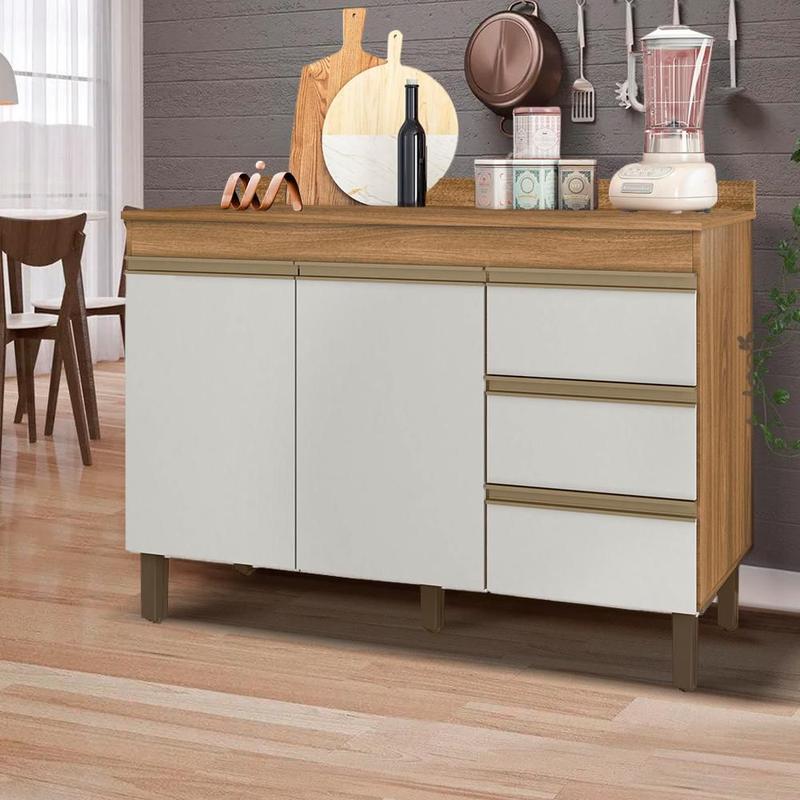 Balcão De Cozinha 119cm Com Tampo 2 Portas 3 Gavetas Nature Off White ...