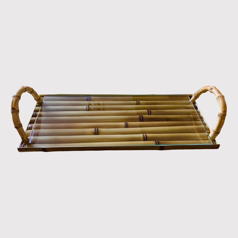 Bandeja Bambu Natural Retangular com Vidro e Alça 48 x 19 x 10 cms ...