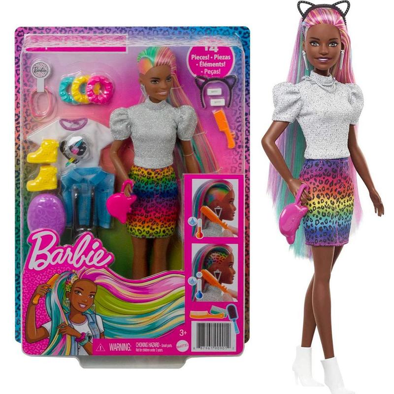 Barbie Negra Fashion Leopard Rainbow Hair Animal Print Arco-íris GRN82 ...