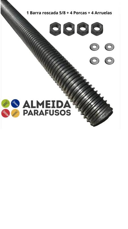 Barra roscada 5/8 x 1 metro rosqueada polida com 4 porcas e 4 arruela ...