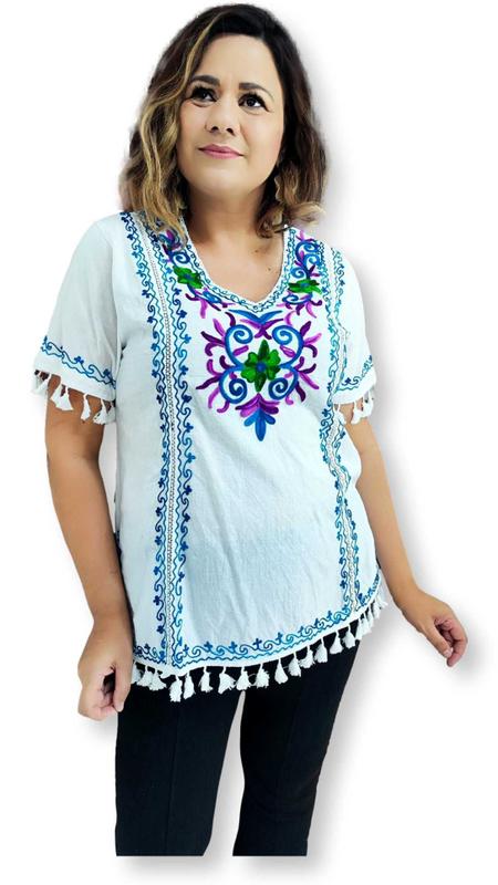 Bata Branca Indiana Manga curta Bordado Colorido Franja 1007 - Sarat ...