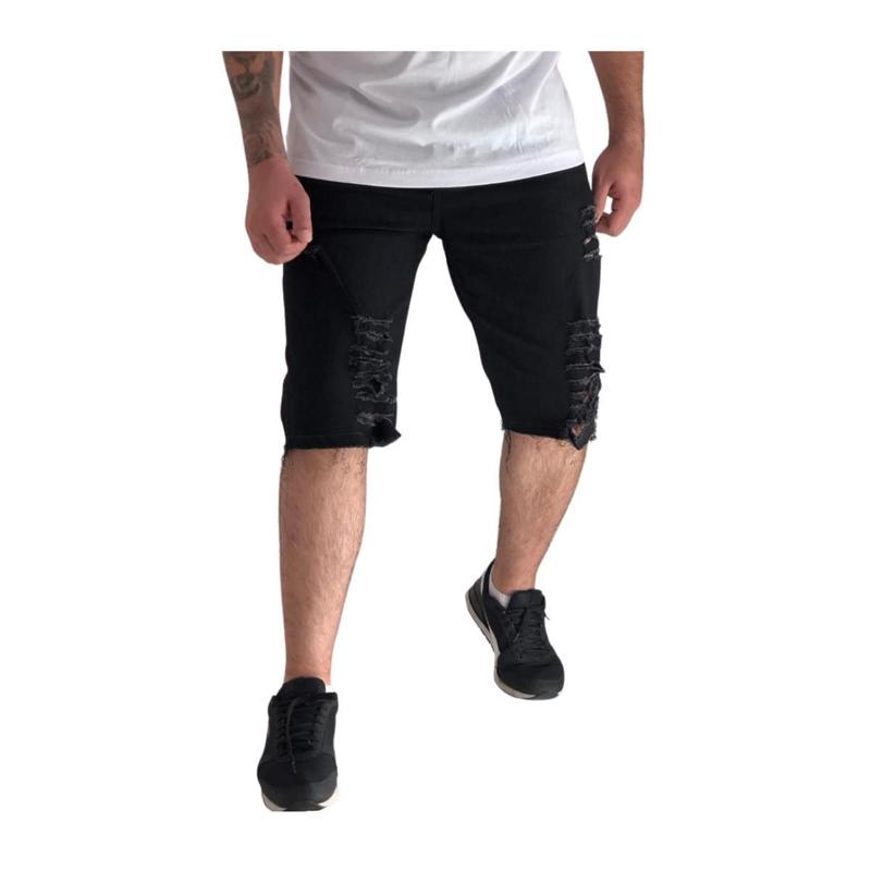 Bermuda Sarja Masculina Plus Size Jeans Preto Rasgado Destroyed ...