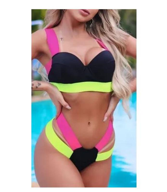 Biquíni De Luxo Resort Preto Neon Elásticos Aro Inteiro Bojo Fay