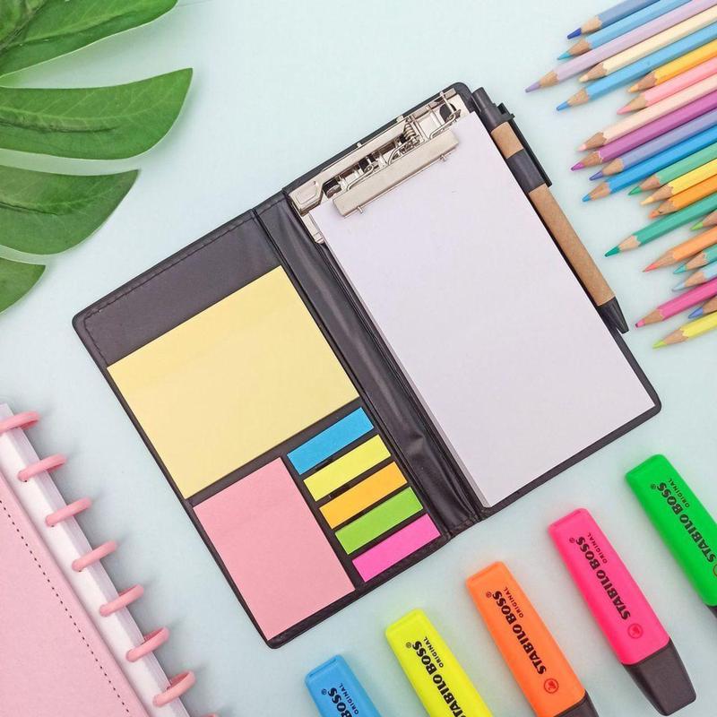 Bloco de Anotações com Bloco Adesivo Colorido e Caneta Esferográfica ...