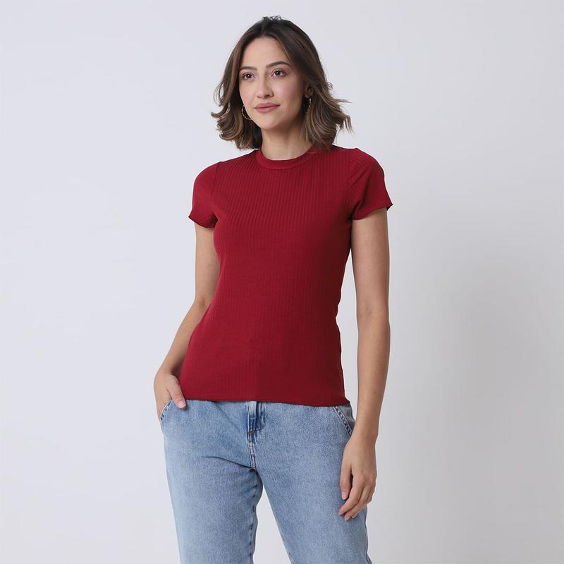 Blusa Manga Curta Canelada Com Frufu Liso Vinho - Viva Básicos - Blusas ...