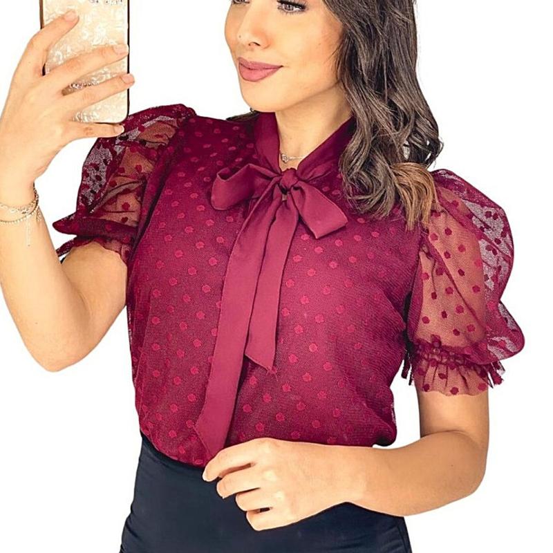 Blusa Social Feminina Manga Princesa Tule Poa Com Gola Laço - Look ...