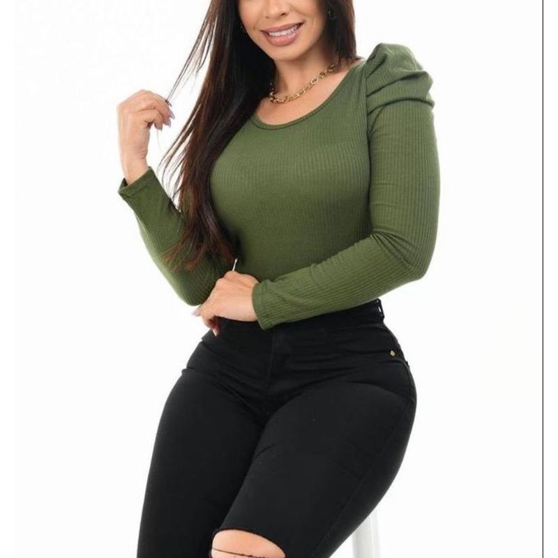 Body blusa tecido canelado gola rasa manga longa princesa feminino ...