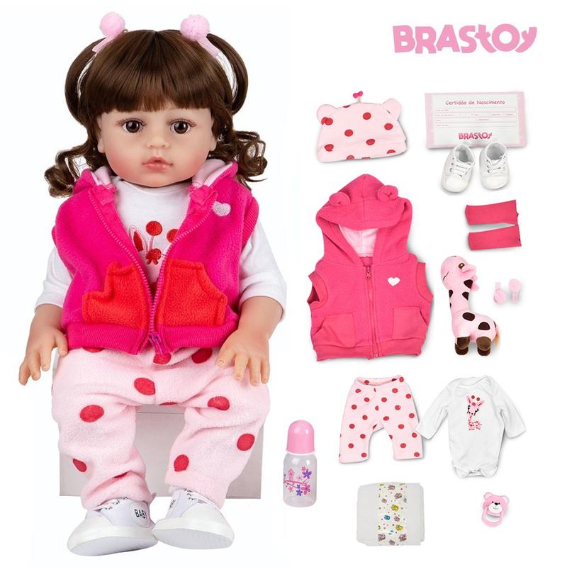 Boneca Bebê Reborn Realista Brastoy Silicone Conjunto de Roupa Chupeta Mamadeira e Pelúcia ...