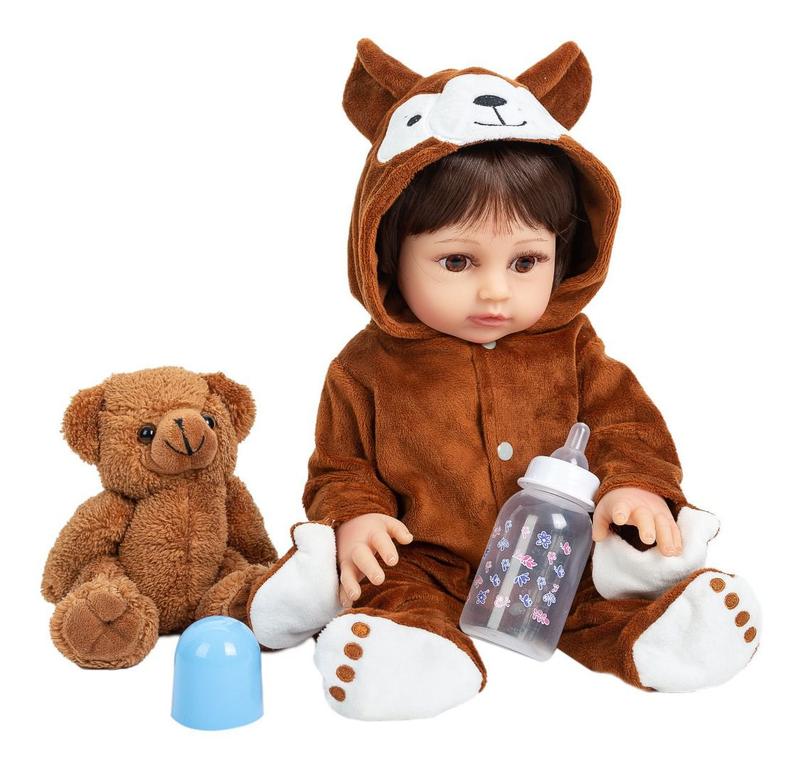 Boneco Bebê Reborn Ursinho Realista Brastoy Silicone Conjunto de Roupa ...