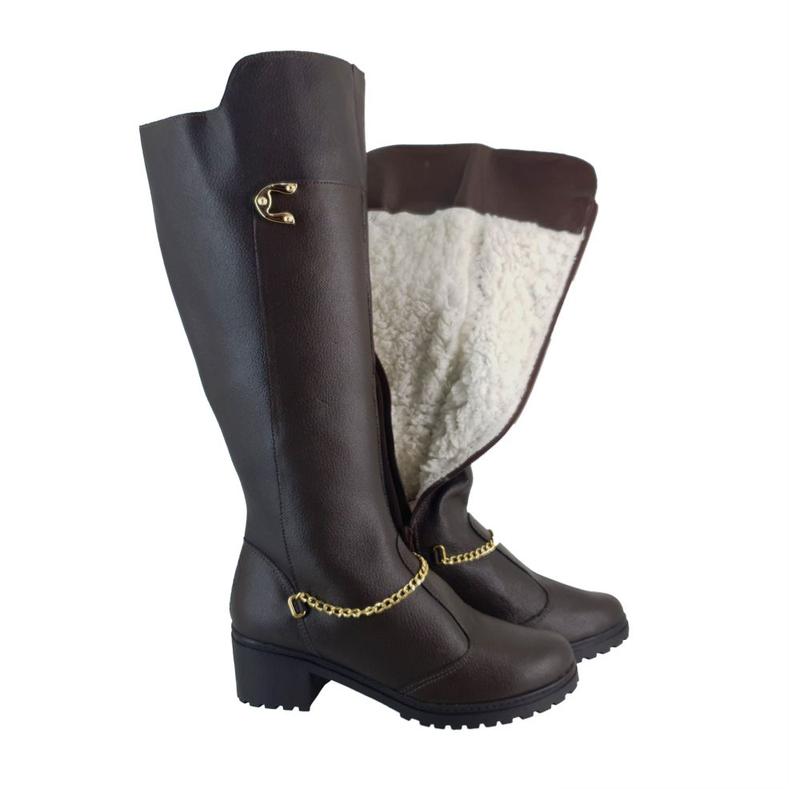 Bota Feminina Couro Neve 100% forrada Lã Pelo Salto Alto Médio Inverno ...