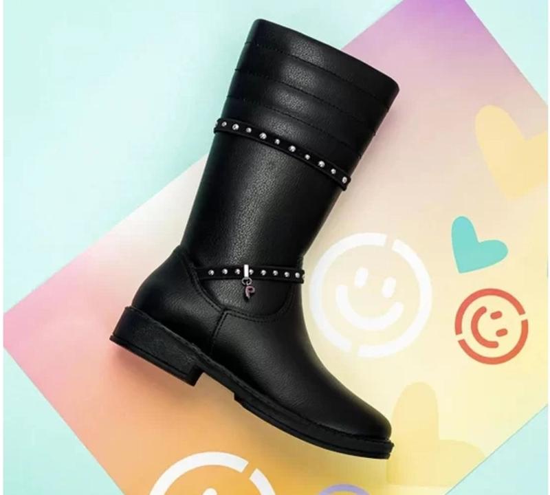 Bota Infantil Feminina Pampili Safira Cano Longo Tachas Preta - Bota ...