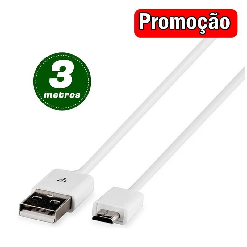 Cabo Adaptador USB x Micro 3 metros Branco V8 * - ELETRO VOO - Cabo USB ...