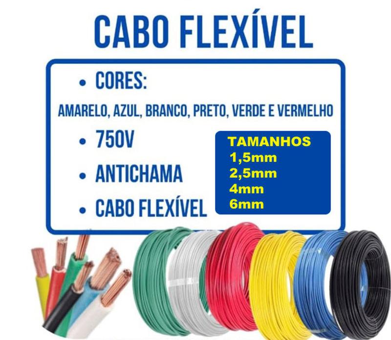 Cabo Fio Flexível 1,5mm 2,5mm 4mm e 6mm Rolo 100 Metros - 2 Linha ...