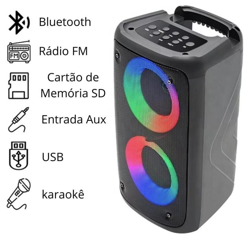Caixa De Som Amplificada Portátil LED RGB Bluetooth USB SD Entrada P10 Microfone Radio Fm Aux P2 ...