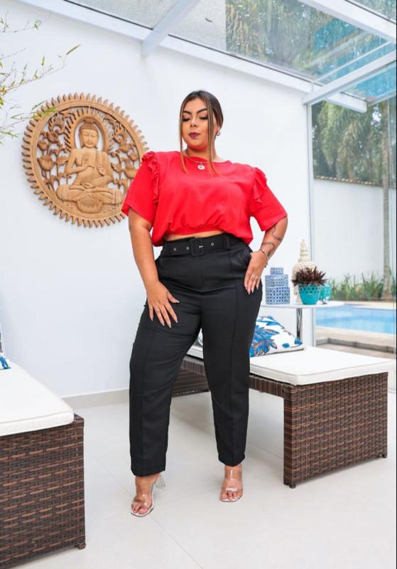 Calça Alfaiataria Lavínia Feminina Plus Size Com Cinto Moda Elegante ...