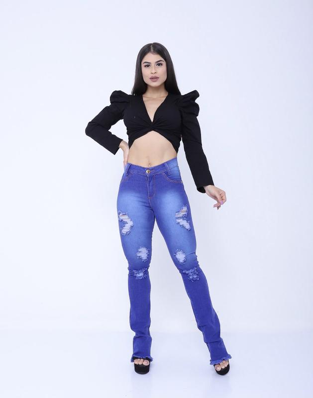 Calça jeans Feminina Clara Flare Rasgada Cos Alto - Mania do Jeans ...