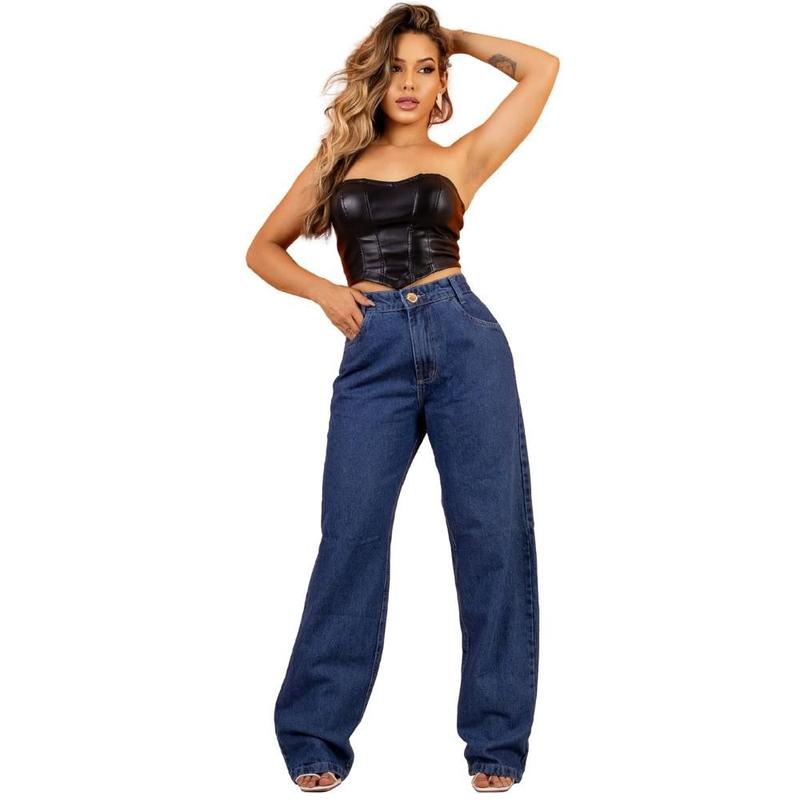 Calça Jeans Wide Leg Feminina Lisa Pantalona com Bolso Cintura Alta ...