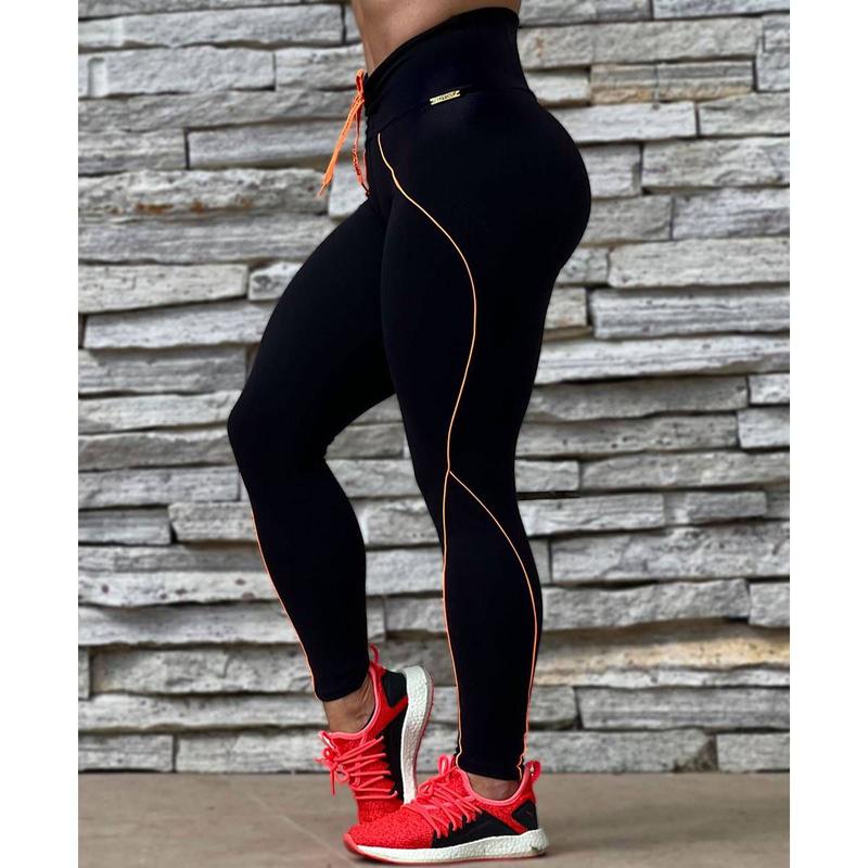 Calça Legging Linear Empina Bumbum Preta com Coral - Claudia Rosa ...