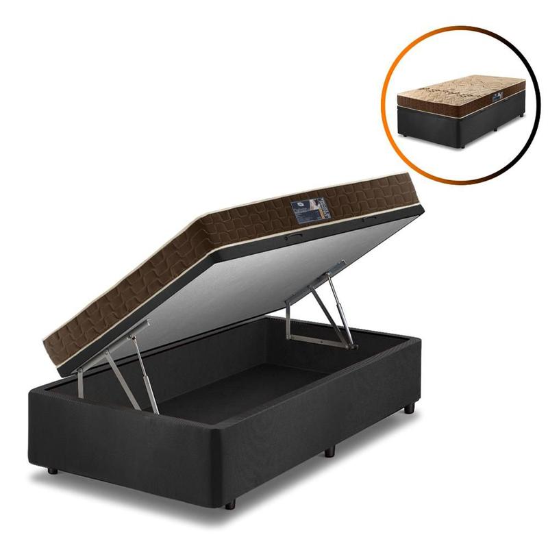 Cama Box Baú Solteiro Preta + Colchão Espuma Charleston D28 Bordado ...