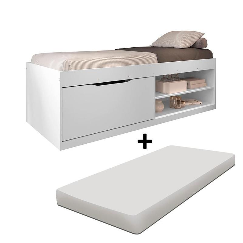 Cama Multifuncional Solteiro Com Sapateira Embutida E Colchão Branco ...