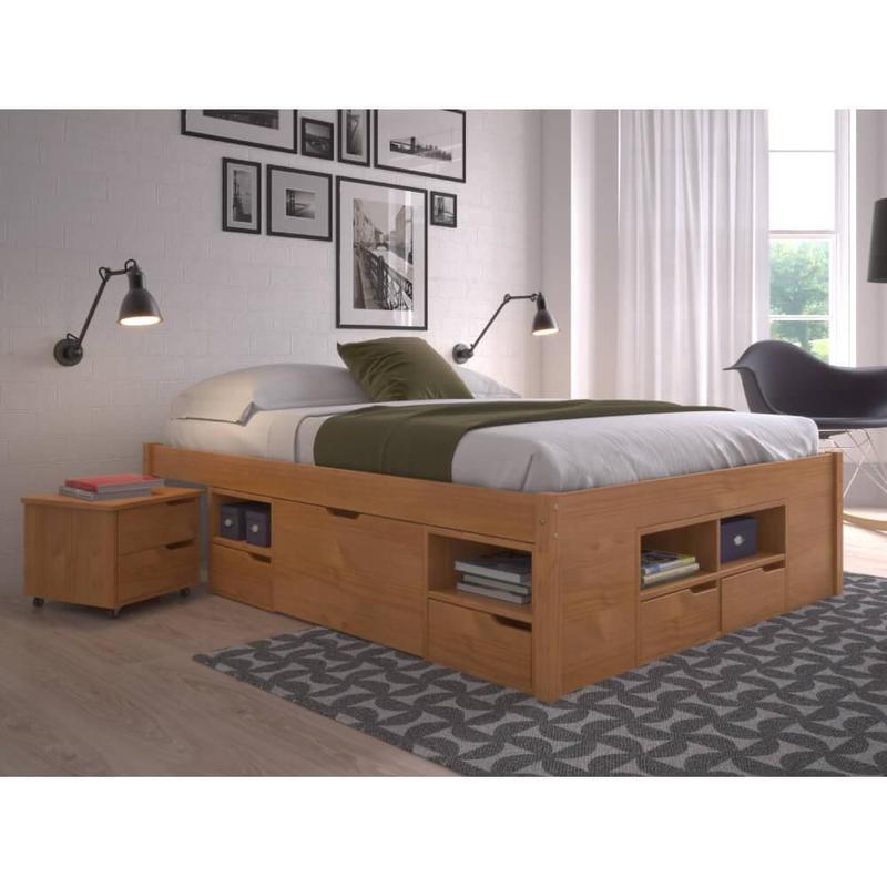 Cama Queen Multifuncional Charme com Mesa de Cabeceira - Amêndoa ...