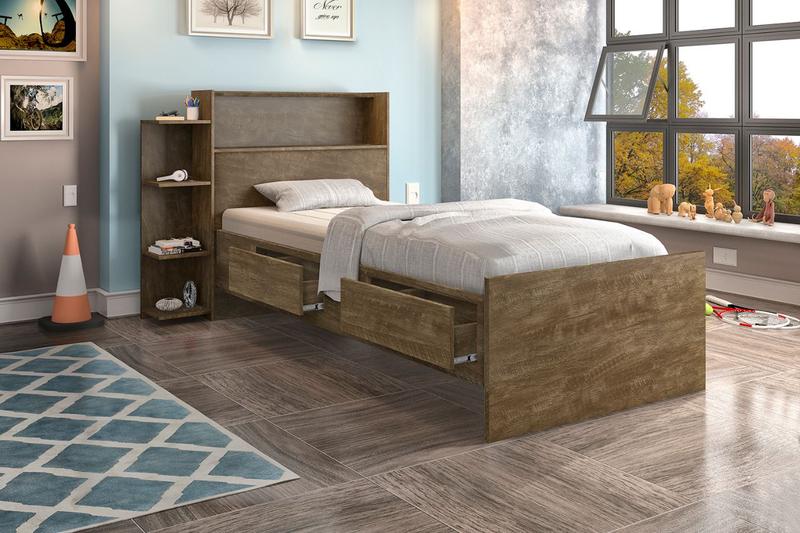 cama solteira isa moderna com nicho lateral cor castanho - VJ Móveis ...
