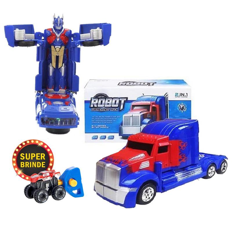 Caminhão Optimus Prime Transforma Robô Brinquedo Azul Vira Som Luz ...