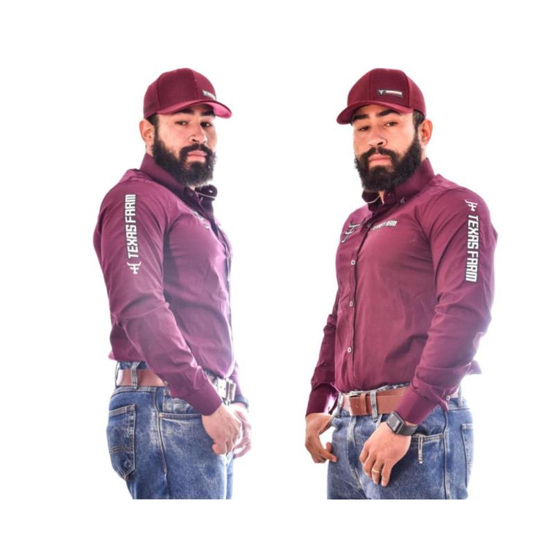 Camisa Country Masculina Bordada Texas Farm Manga Longa Vinho Azul ...
