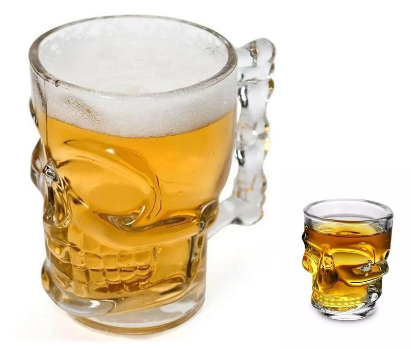 Caneca Copo Caveira Luxo Viking Vidro 500ml Cerveja Chopp + Mini copo ...