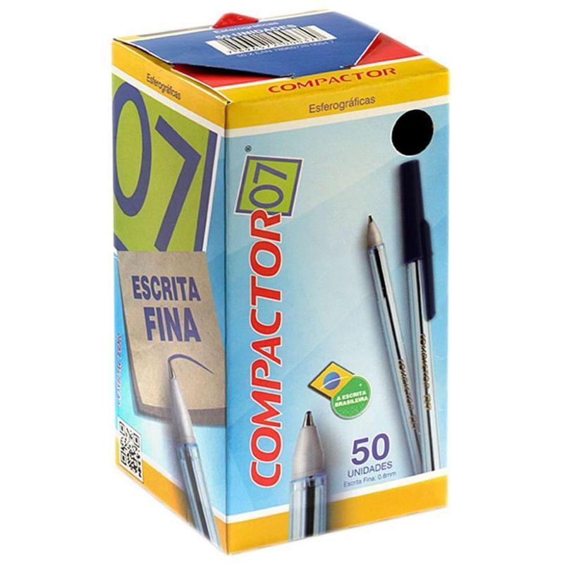 Caneta Esferográfia Ponta Fina 0,8mm Compactor 07 Preta Cx/50 unidades ...