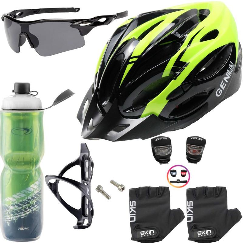 Capacete Bike Ciclismo + Garrafa Térmica + Suporte + Sinalizador + Óculos + Par De Luvas ...