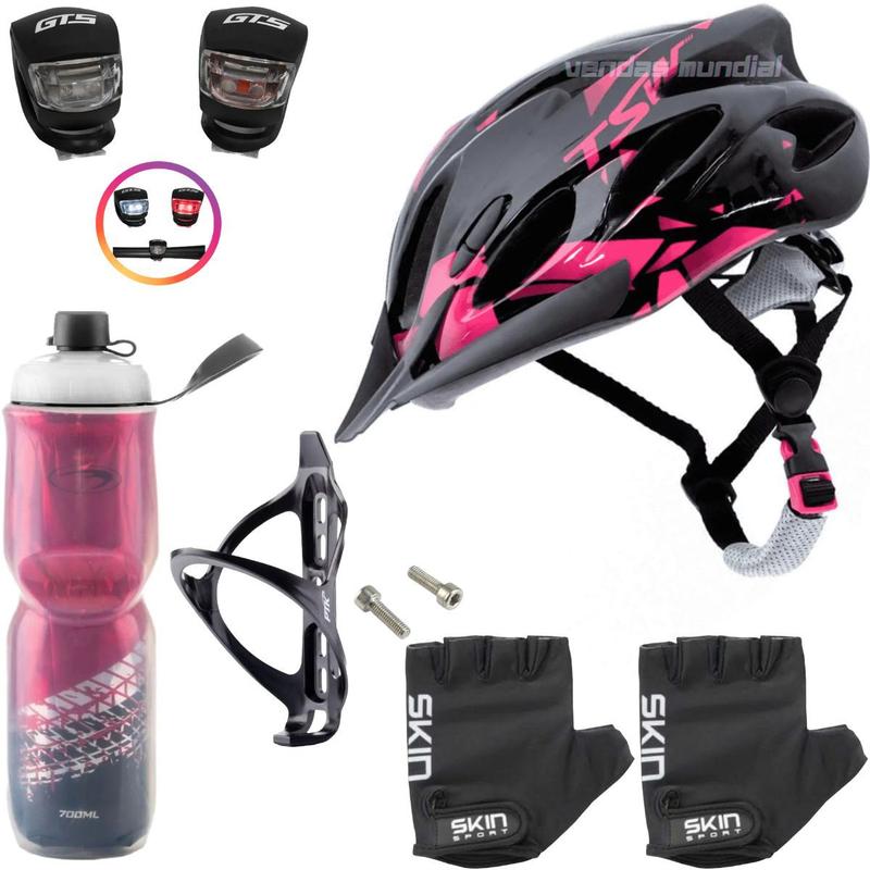 Capacete Bike Tsw Ciclismo Mtb + Garrafa Térmica + Suporte + Sinalizador + Par De Luvas ...