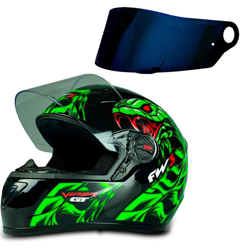 Capacete Fw3 Para Moto Gt Viper Preto Com Verde Tamanho 58 Viseira Para ...