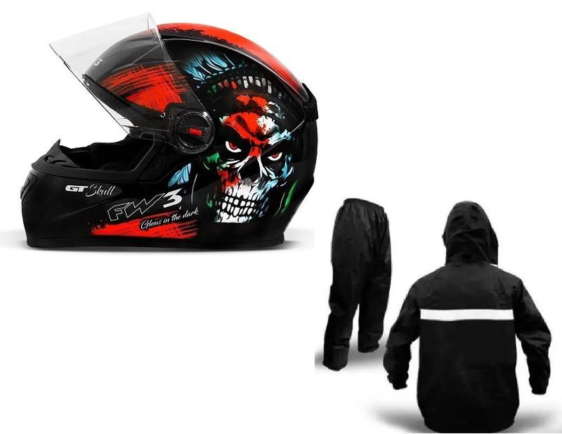 Capacete moto fw3 caveira 60 + capa de chuva jaqueta calça - Kit ...
