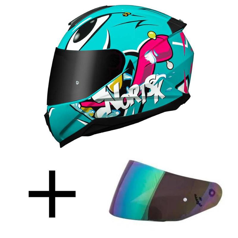 Capacete Norisk Razor Mad Azul e Rosa Mais Viseira Camaleão - Capacete ...