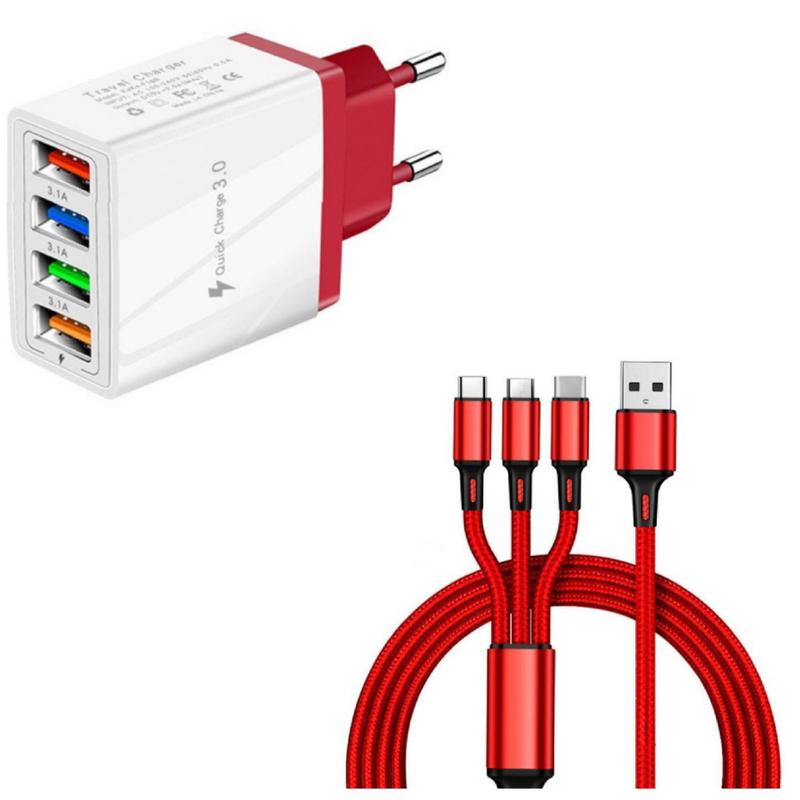 Carregador de Celular 4 Portas Com Cabo USB 3 em 1 - Travel Charger ...
