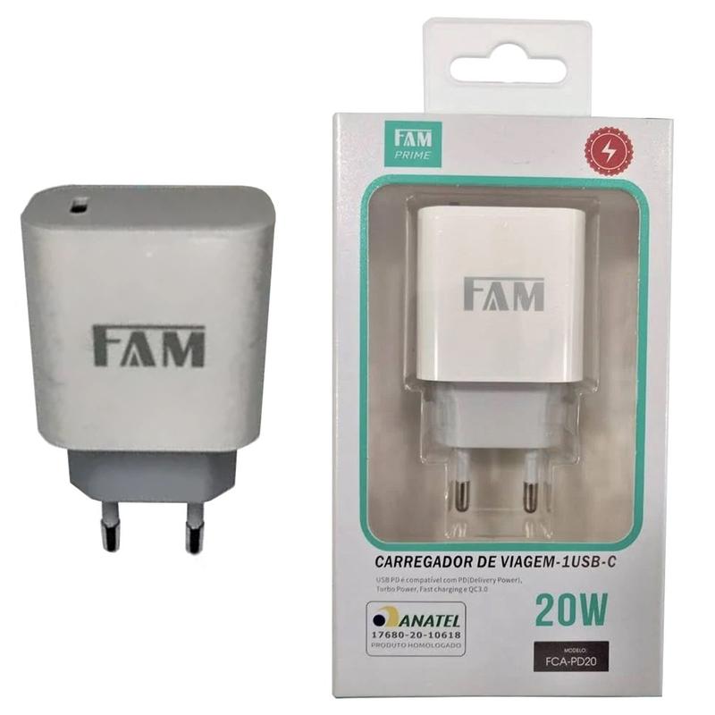 Carregador de Viagem USB C Turbo 20W FCA-PD20 Ycell - FAM - Carregador ...