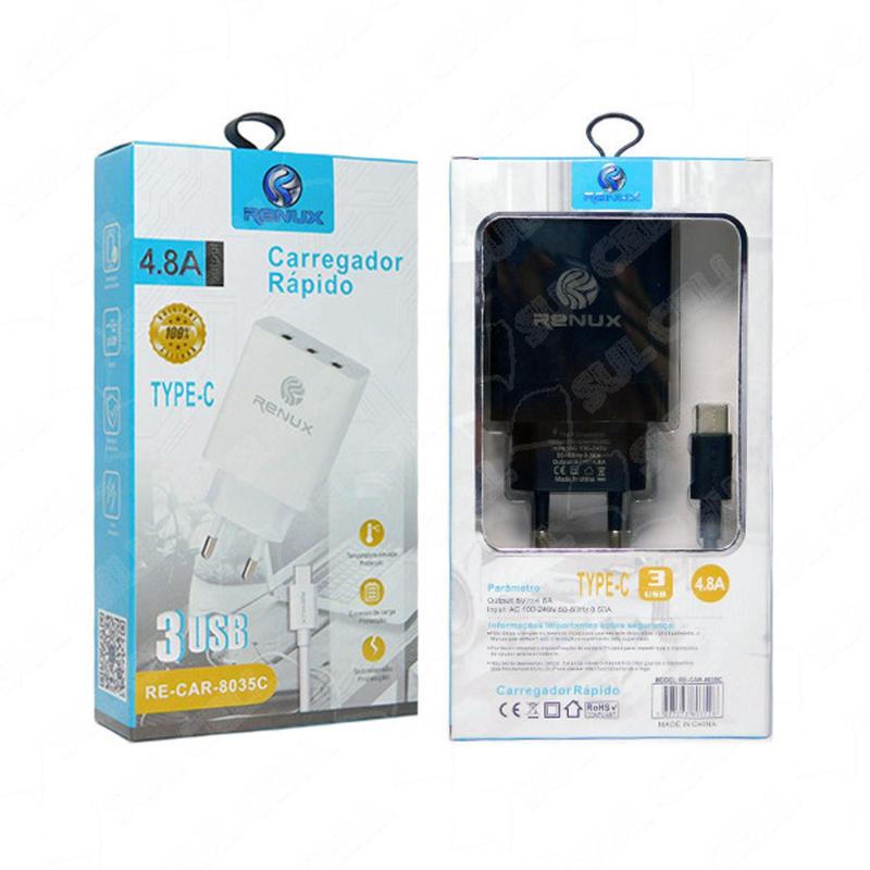 Carregador Fonte de Tomada Rapido Type-C 5v 4.8A Usb Triplo (RE-CAR ...