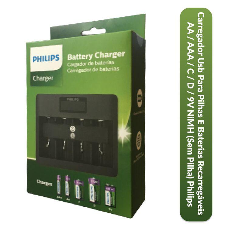 Carregador Usb Para Pilhas e Baterias AA/AAA/C/D/9V (Sem Pilha) Philips ...