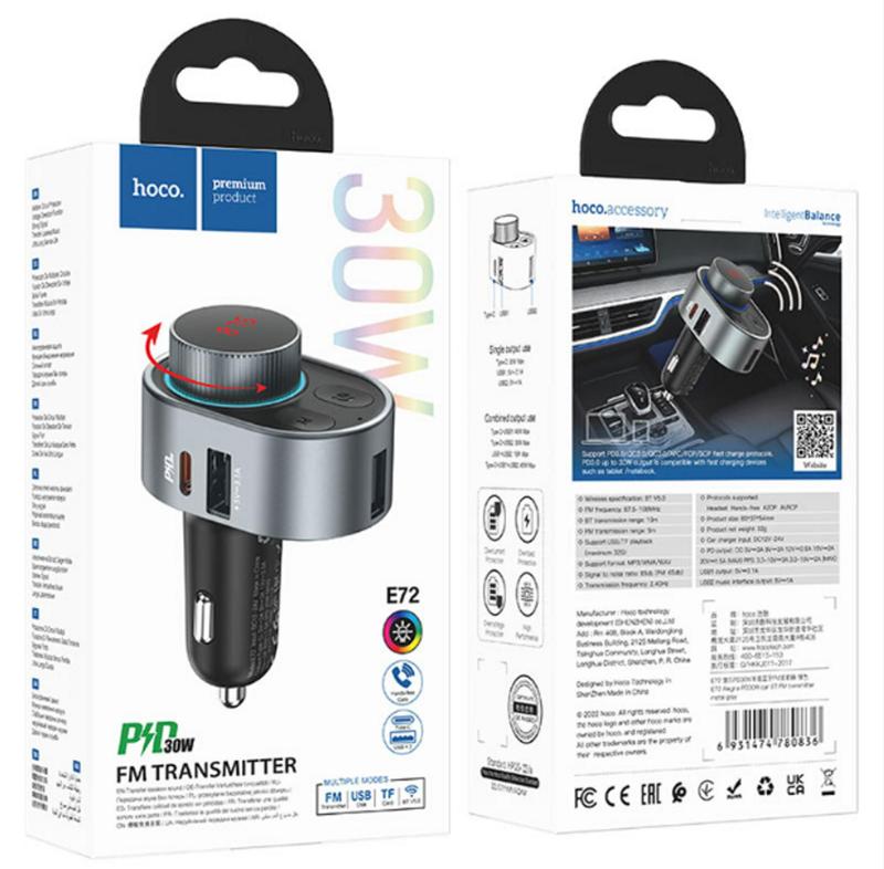Carregador veicular Hoco E72 saída Type-C 30W + USB 5V / 1A Transmissor ...
