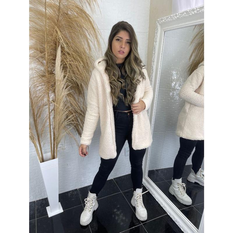 Casaco Feminino Max Teddy Peludo Manga Longa Ted Capuz Peça Forrada ...