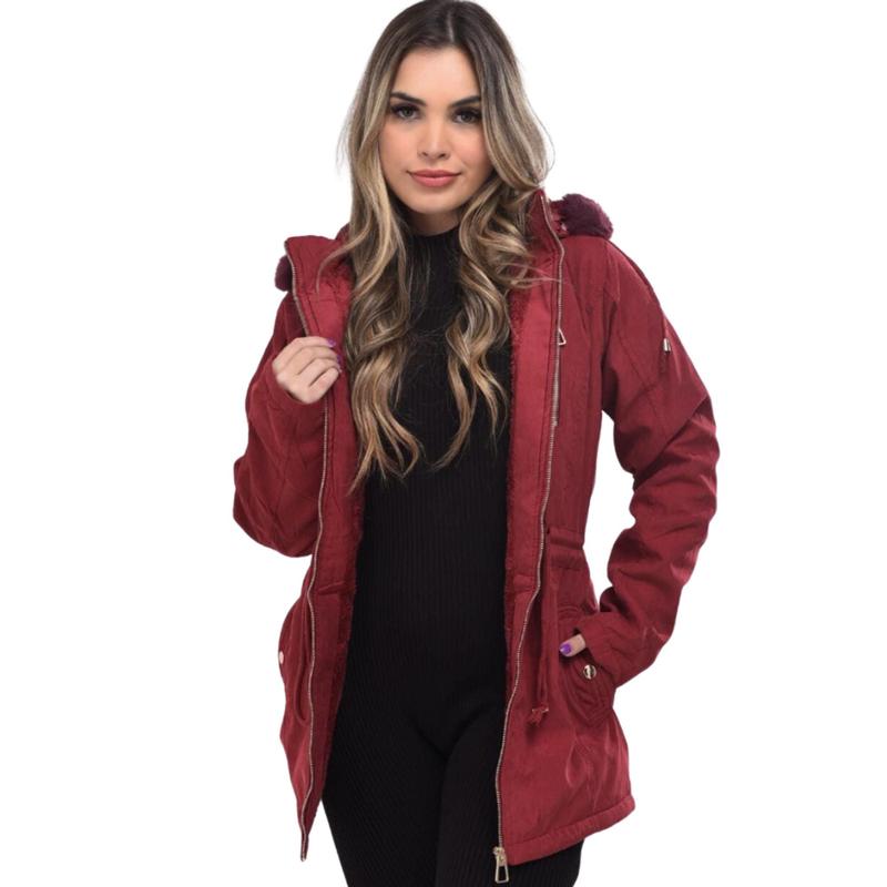 Casaco feminino parka max com capuz bolsos pelinho sobretudo coleção ...