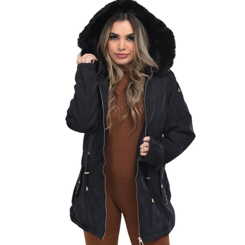 Casaco feminino parka max com capuz bolsos pelinho sobretudo coleção ...