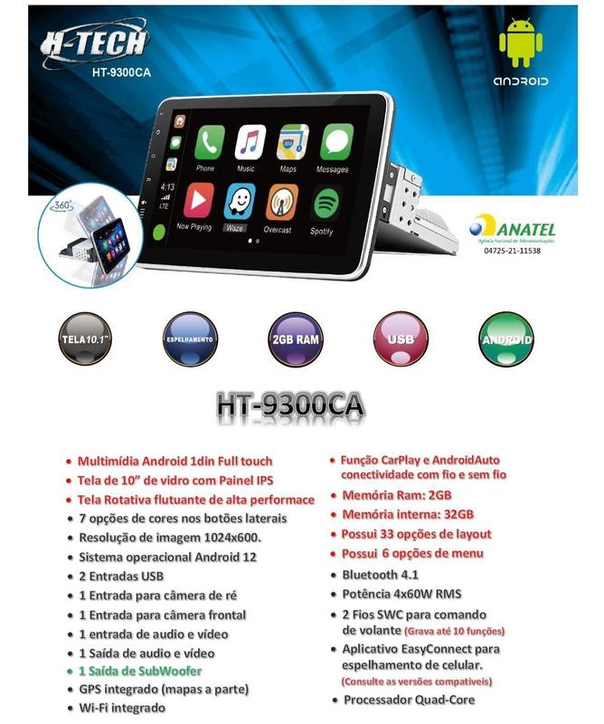 Central Multimidia H-Tech Tela 10.1 De Vidro 1Din Android 12 - Central Multimídia para Carro ...